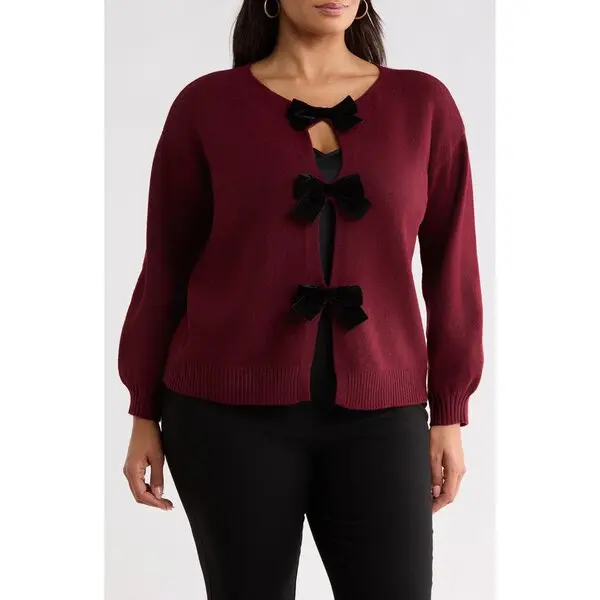 CECE DUPRAZ Velvet Bow Closure Cardigan - Cabernet