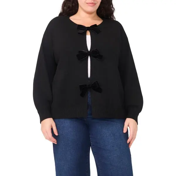 CECE DUPRAZ Velvet Bow Closure Cardigan - Rich Black