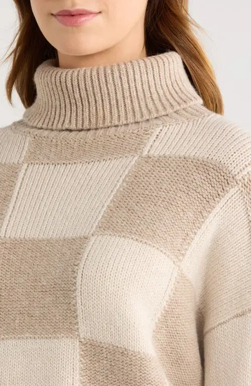 Splendid Thea Check Crop Turtleneck Sweater - Pale Oak White/brown