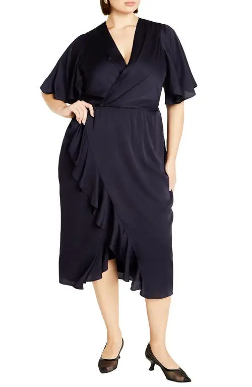 City Chic Sateen Faux Wrap Midi Dress - Navy