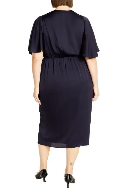 City Chic Sateen Faux Wrap Midi Dress - Navy