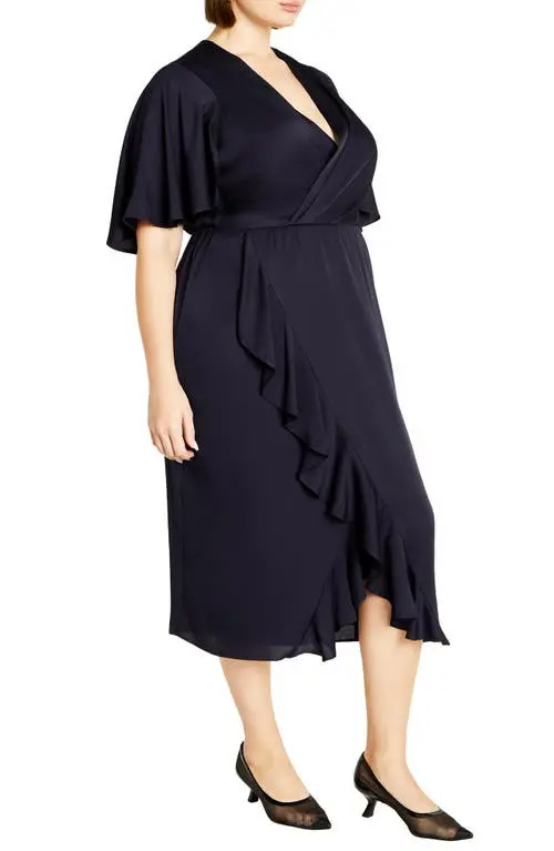 City Chic Sateen Faux Wrap Midi Dress - Navy