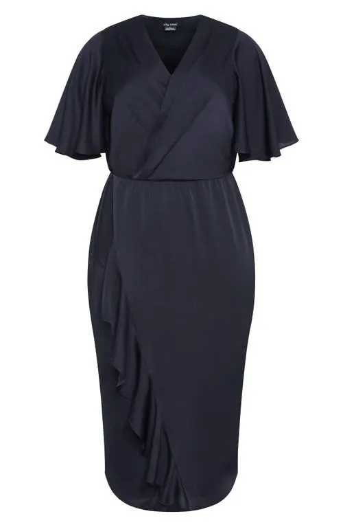 City Chic Sateen Faux Wrap Midi Dress - Navy