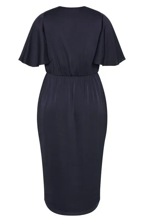 City Chic Sateen Faux Wrap Midi Dress - Navy