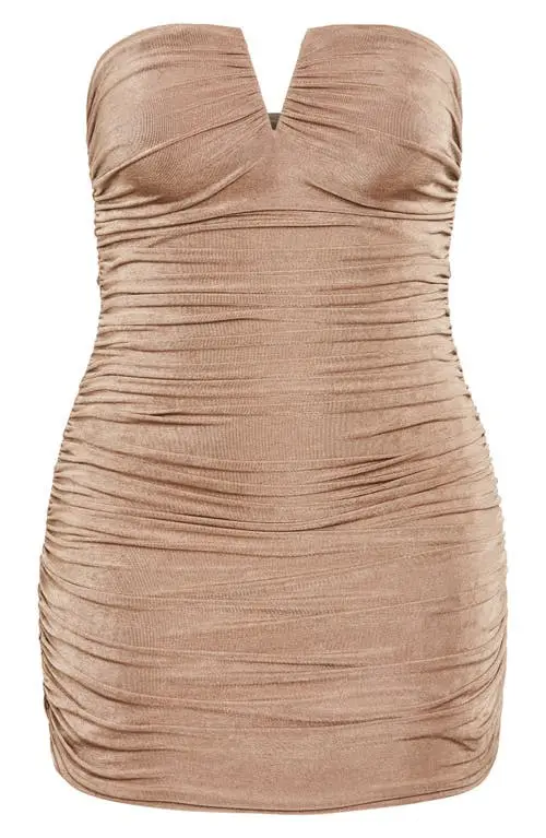 City Chic Iris Ruched Strapless Mini Dress - Taupe