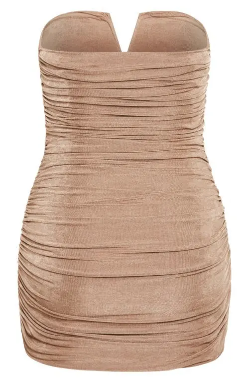 City Chic Iris Ruched Strapless Mini Dress - Taupe