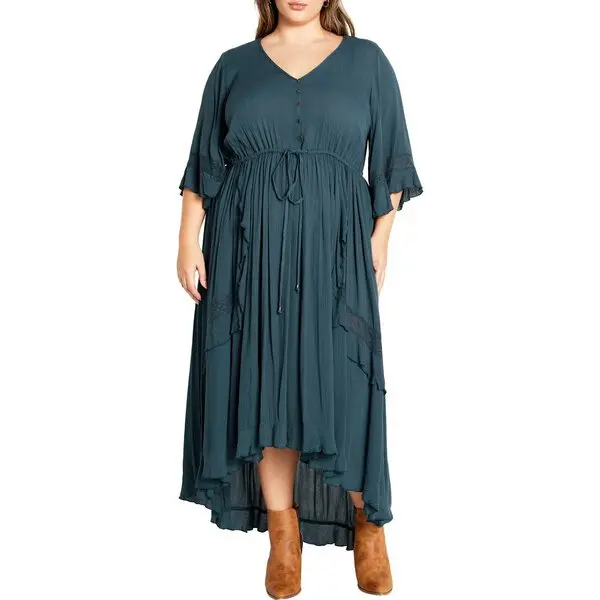 City Chic Rosie Lace Trim High-low Maxi Dress - Teal