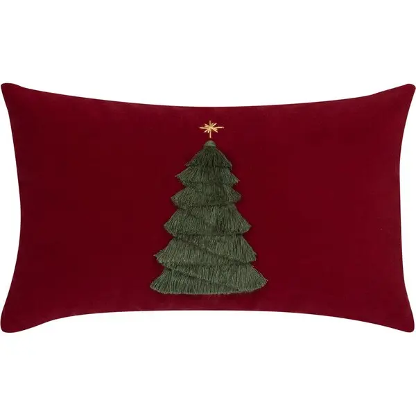 ELAINE SMITH Fraser Fir Handmade Applique Woven Accent Holiday Pillow - Ruby