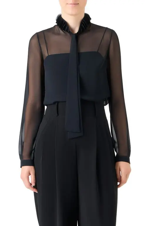 Akris Ruffle Mock Neck Sheer Button-up Shirt