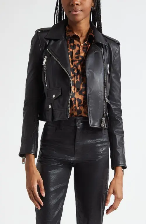 L'Agence Blakely Cropped Leather Biker Jacket - Black
