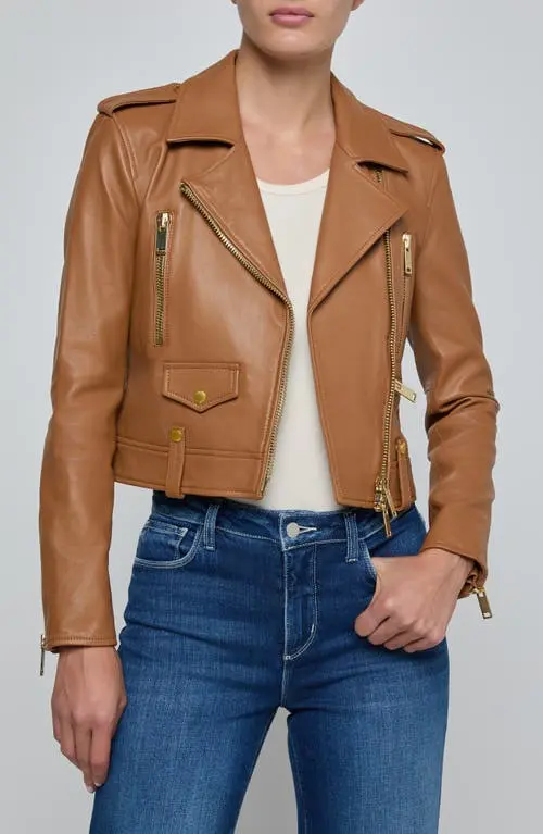 L'Agence Blakely Cropped Leather Biker Jacket - Soft Cognac
