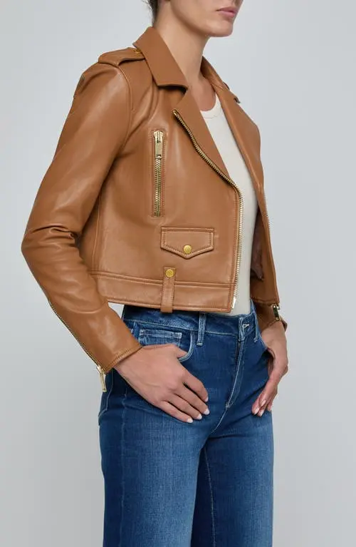 L'Agence Blakely Cropped Leather Biker Jacket - Soft Cognac