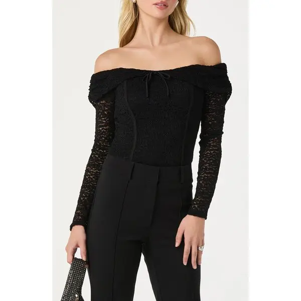 Astr The Label Off-the-shoulder Lace Top With Corset Seams - Black