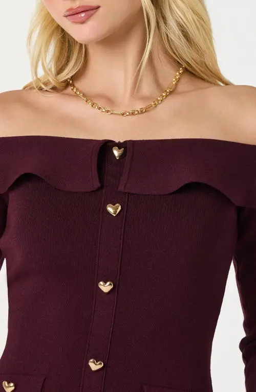 Astr The Label Heart Button Off-the-shoulder Sweater - Burgundy