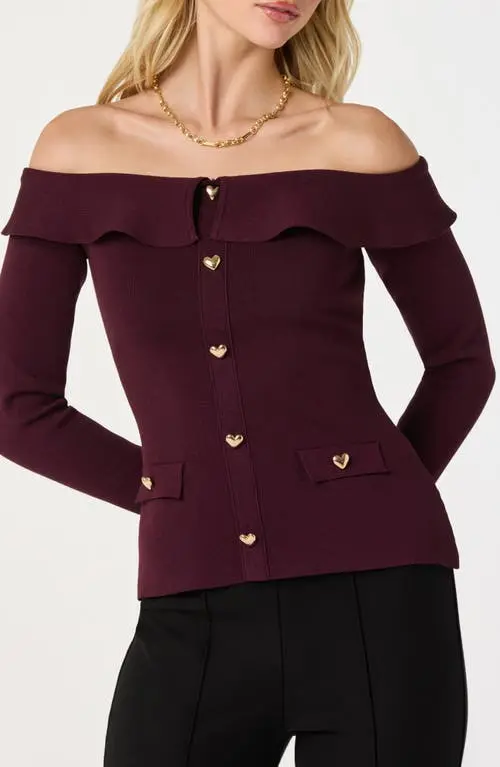 Astr The Label Heart Button Off-the-shoulder Sweater - Burgundy