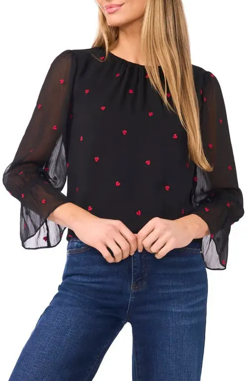 CECE DUPRAZ Embroidered Heart Bell Sleeve High-low Top