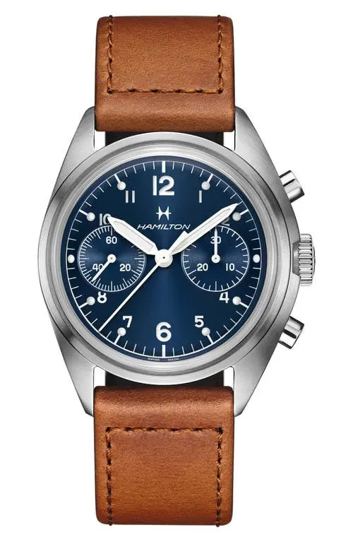 Hamilton Khaki Aviation Pilot Pioneer Leather Strap Watch - Blue