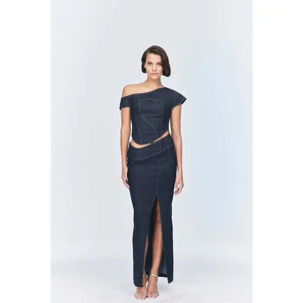 JENDUE Vonk Asymmetric Dark Wash Denim Midi Skirt