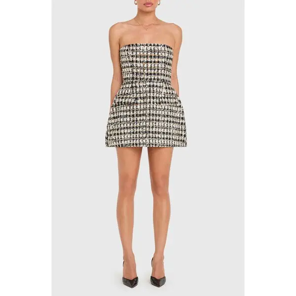 Amanda Uprichard Bethany Metallic Tweed Strapless Romper - Black/white
