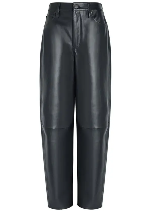 FRAME The Leather Neat Barrel-leg Trousers - Navy