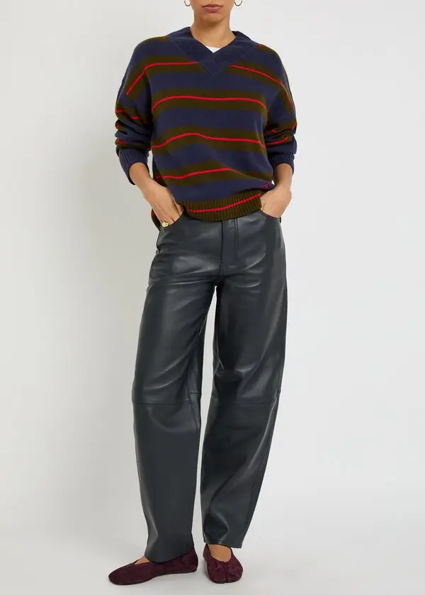 FRAME The Leather Neat Barrel-leg Trousers - Navy
