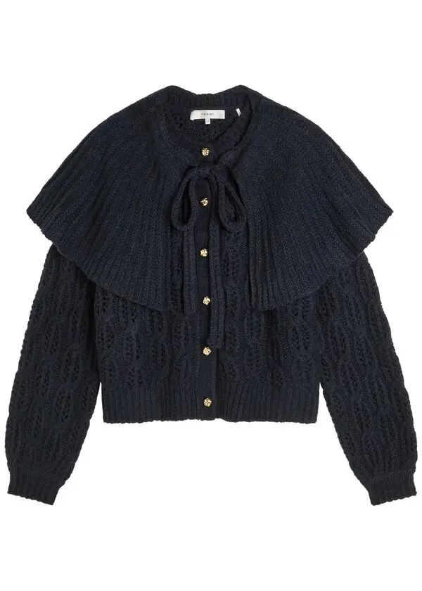 FRAME Cape-effect Cable-knit Wool-blend Cardigan - Navy