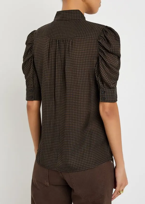 FRAME The Houndstooth Gillian Silk Top - Dark Brown
