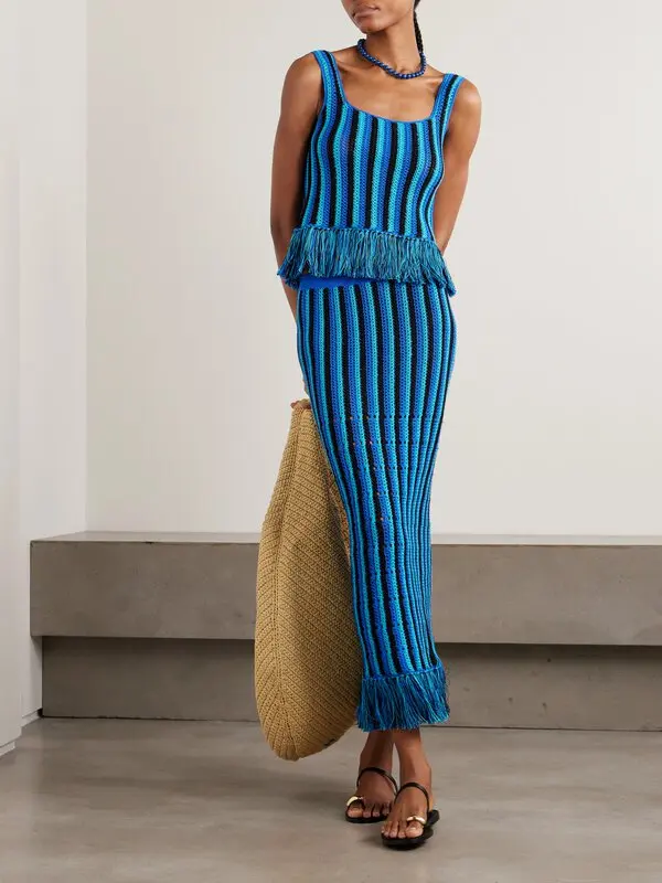 Escvdo Misti Fringed Striped Open-knit Cotton Tank