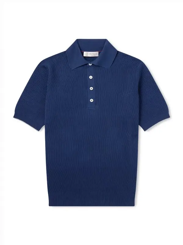 Brunello Cucinelli Ribbed Cotton Polo Shirt - Blue