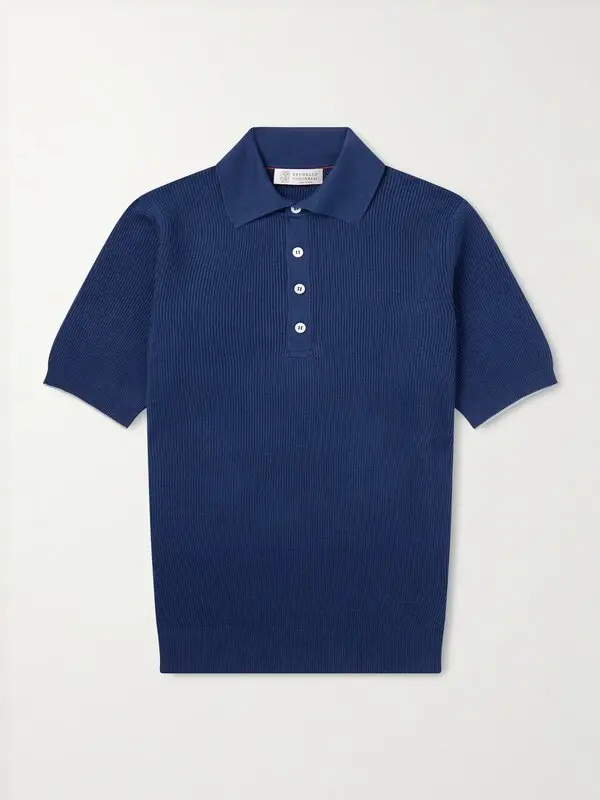 Brunello Cucinelli Ribbed Cotton Polo Shirt - Blue