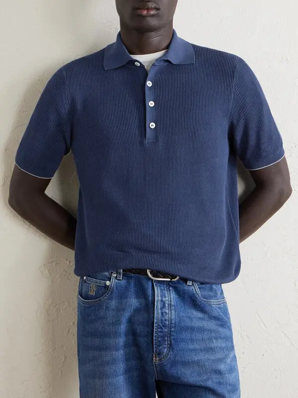 Brunello Cucinelli Ribbed Cotton Polo Shirt - Blue
