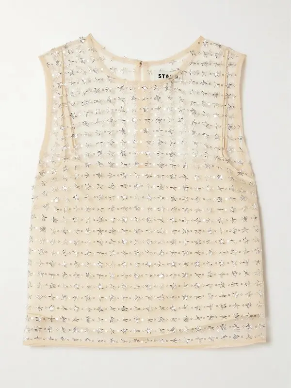 Staud Seraphina Cropped Embellished Tulle Top - Neutrals