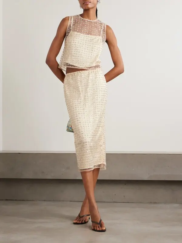 Staud Seraphina Cropped Embellished Tulle Top - Neutrals