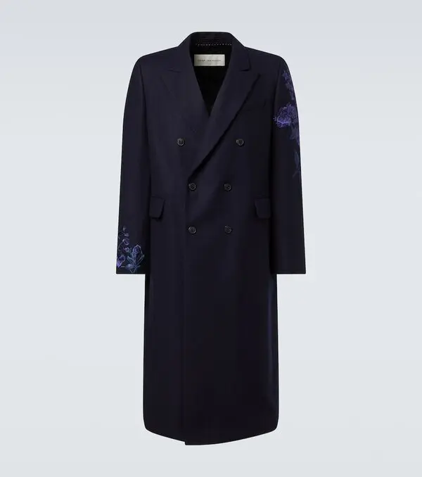Dries Van Noten Floral Double-breasted Wool Coat - Blue