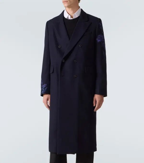 Dries Van Noten Floral Double-breasted Wool Coat - Blue