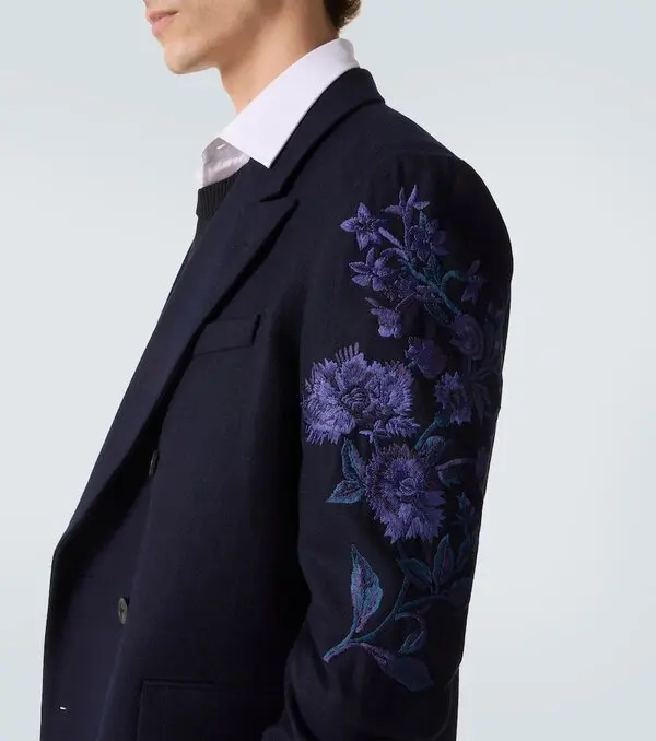 Dries Van Noten Floral Double-breasted Wool Coat - Blue