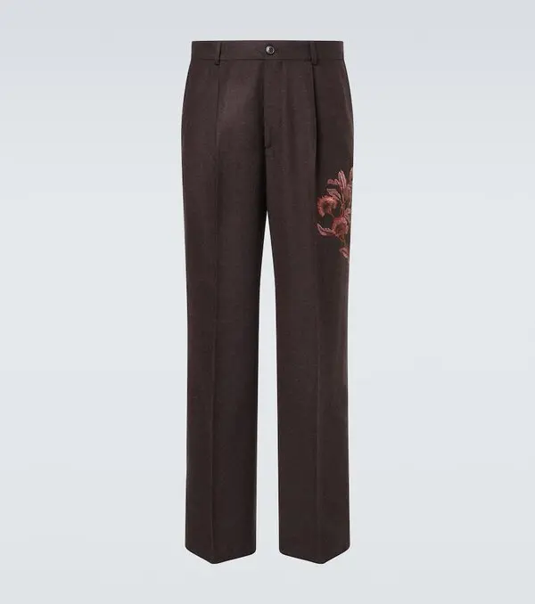 Dries Van Noten Embroidered Wool Flannel Straight Pants