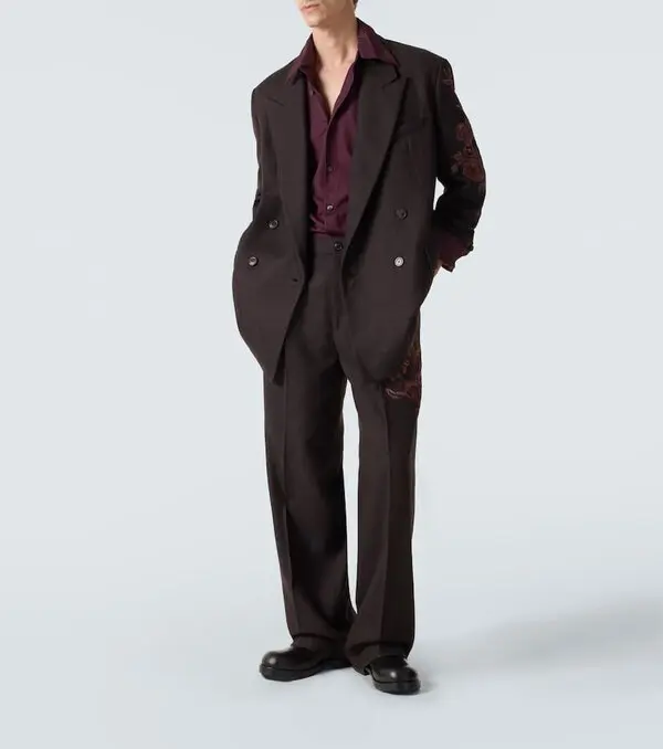 Dries Van Noten Embroidered Wool Flannel Straight Pants