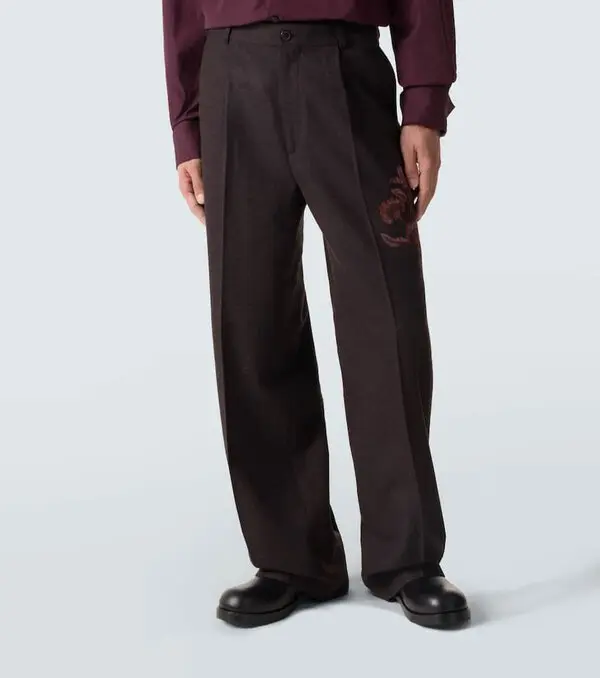 Dries Van Noten Embroidered Wool Flannel Straight Pants
