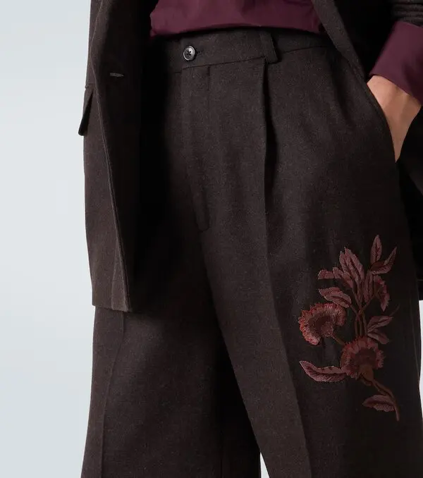Dries Van Noten Embroidered Wool Flannel Straight Pants