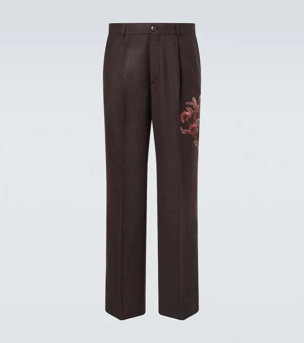 Dries Van Noten Embroidered Wool Flannel Straight Pants - Brown