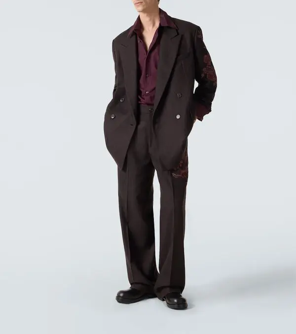 Dries Van Noten Embroidered Wool Flannel Straight Pants