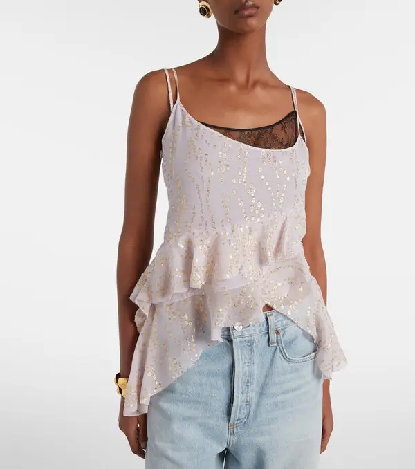 JACQUES WEI Printed Ruffled Asymmetric Silk-blend Top - Purple