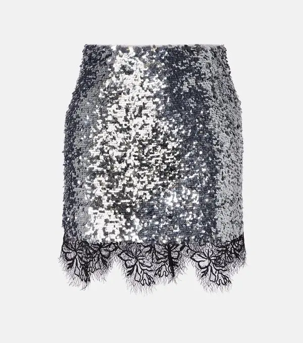 JACQUES WEI Lace-trimmed Sequined Miniskirt - Silver