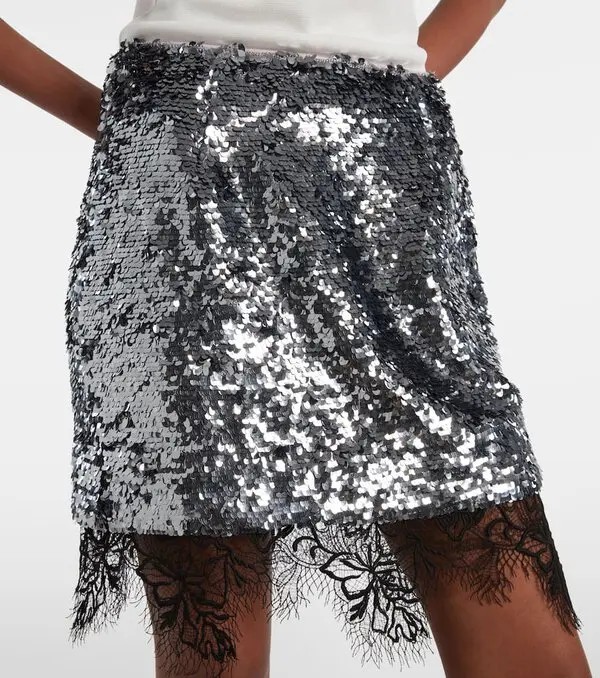 JACQUES WEI Lace-trimmed Sequined Miniskirt - Silver