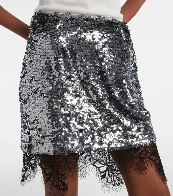 JACQUES WEI Lace-trimmed Sequined Miniskirt