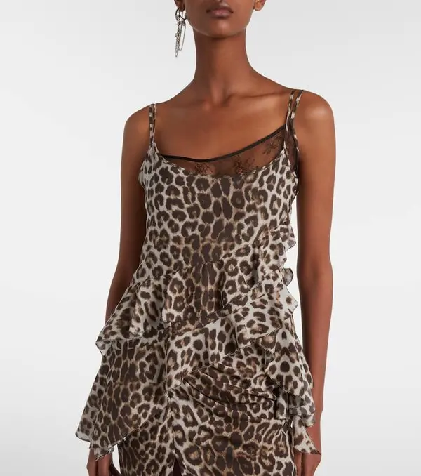 JACQUES WEI Leopard-print Ruffled Silk Camisole