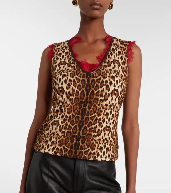 JACQUES WEI Leopard-print Top With Lace Trim