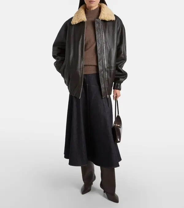 Jacquemus Shearling-trimmed Leather Bomber Jacket - Brown