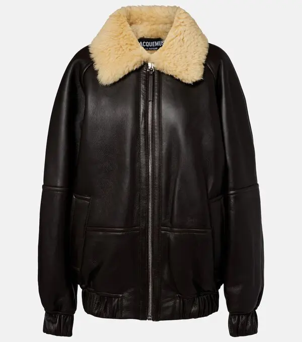 Jacquemus Shearling-trimmed Leather Bomber Jacket - Brown